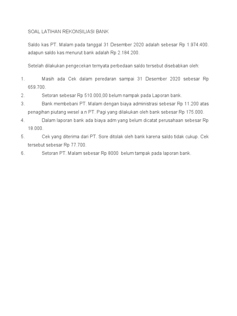 Soal Latihan Rekonsiliasi Bank Ok-1 | PDF | Bisnis | Pengelolaan Keuangan & Uang