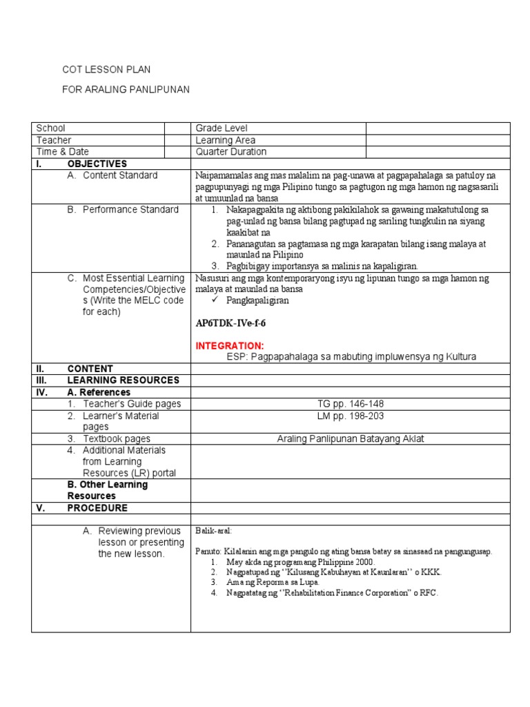 Cot Lesson Plan - Apan | PDF