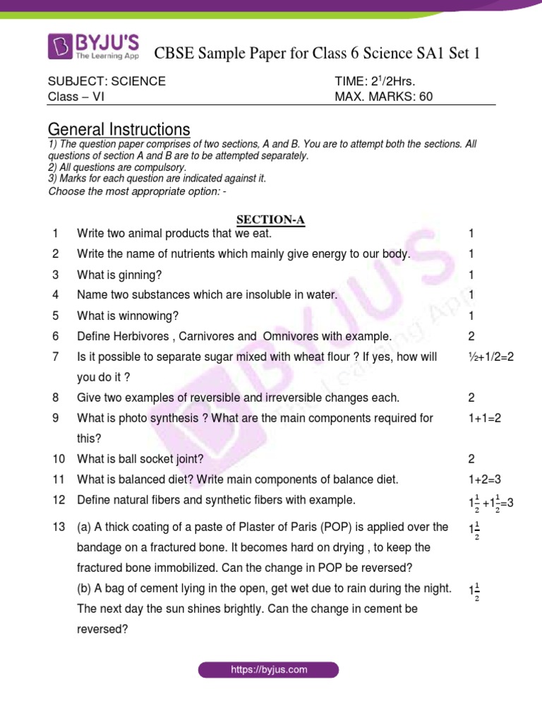 CBSE Sample Paper Class 6 Science SA1 Set 1 | PDF | Plants | Organisms