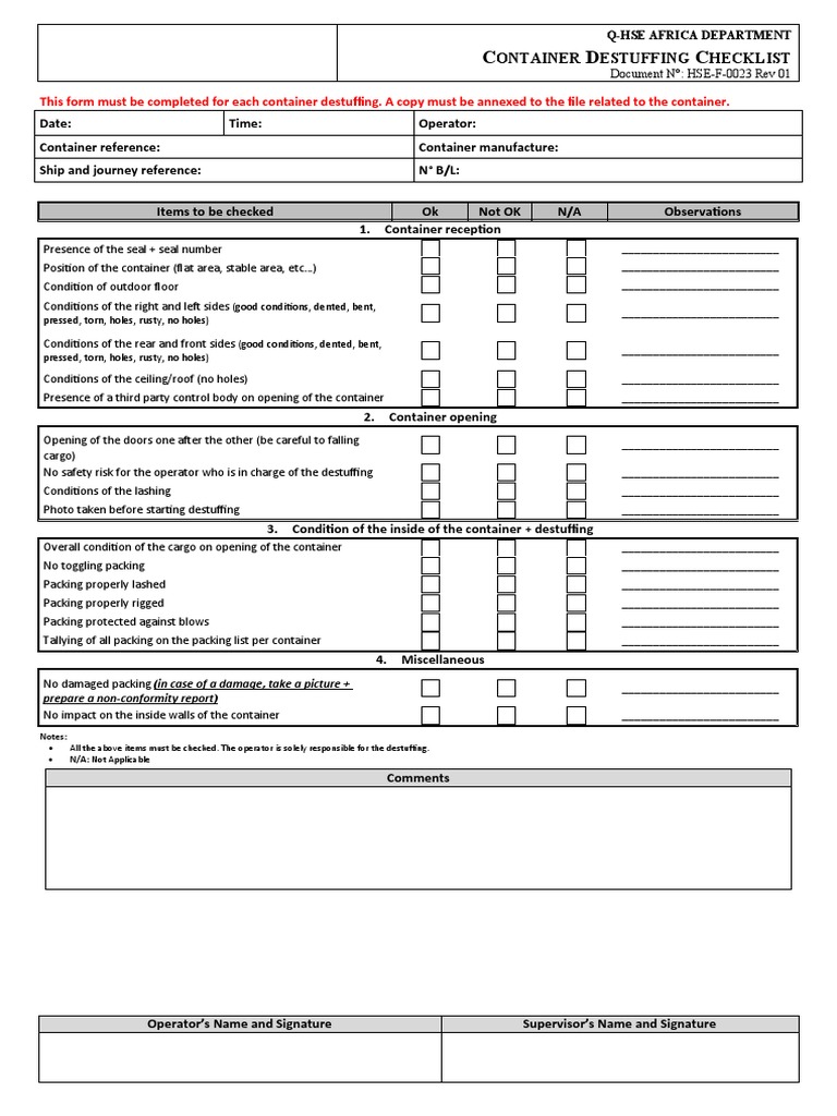 Container Destuffing Checklist | PDF
