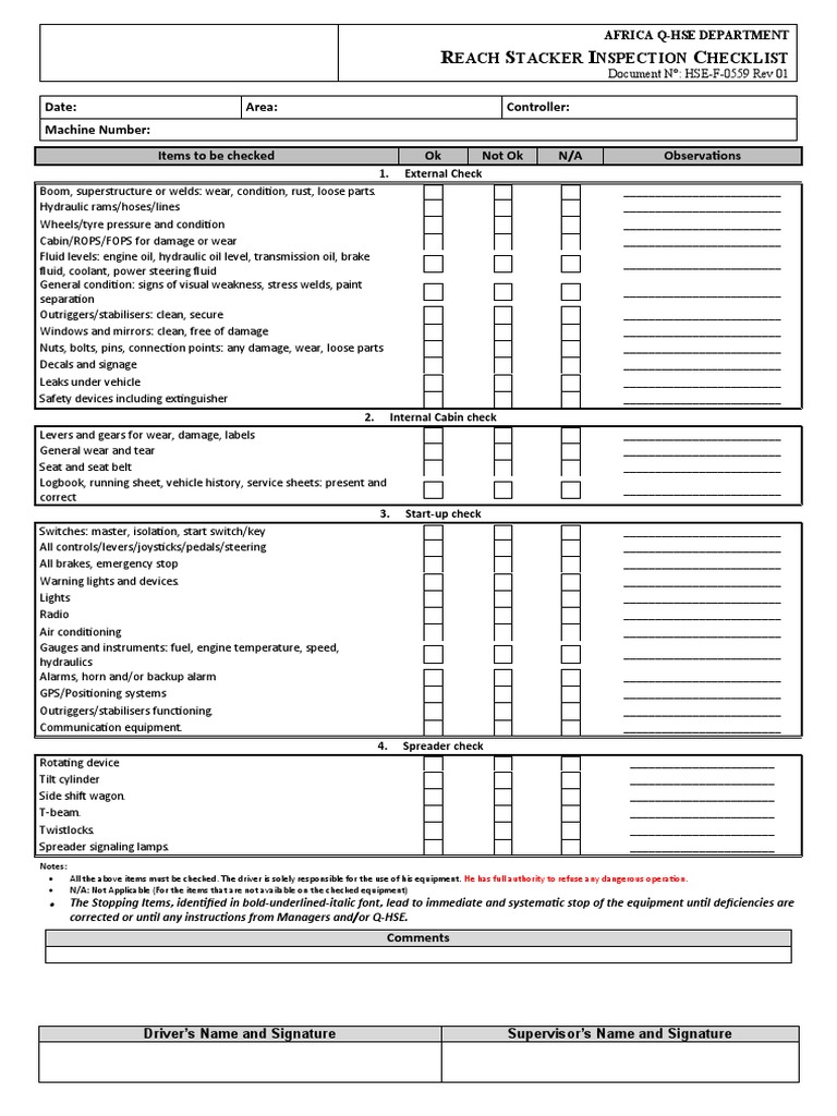 Reach Stacker Inspection Checklist | PDF | Automotive Technologies | Land Vehicles