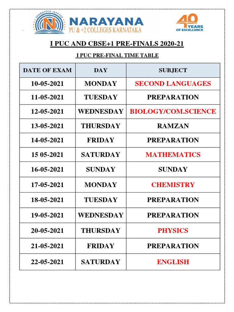 I Puc and Cbse+1 Pre-Finals - 2020-21 Time Table and Syllabus Details ...