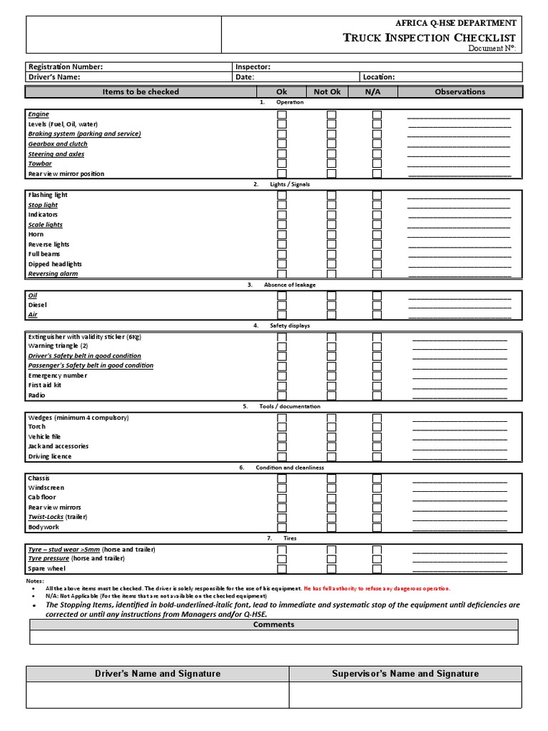 Truck Inspection Checklist | PDF | Truck | Automotive Industry