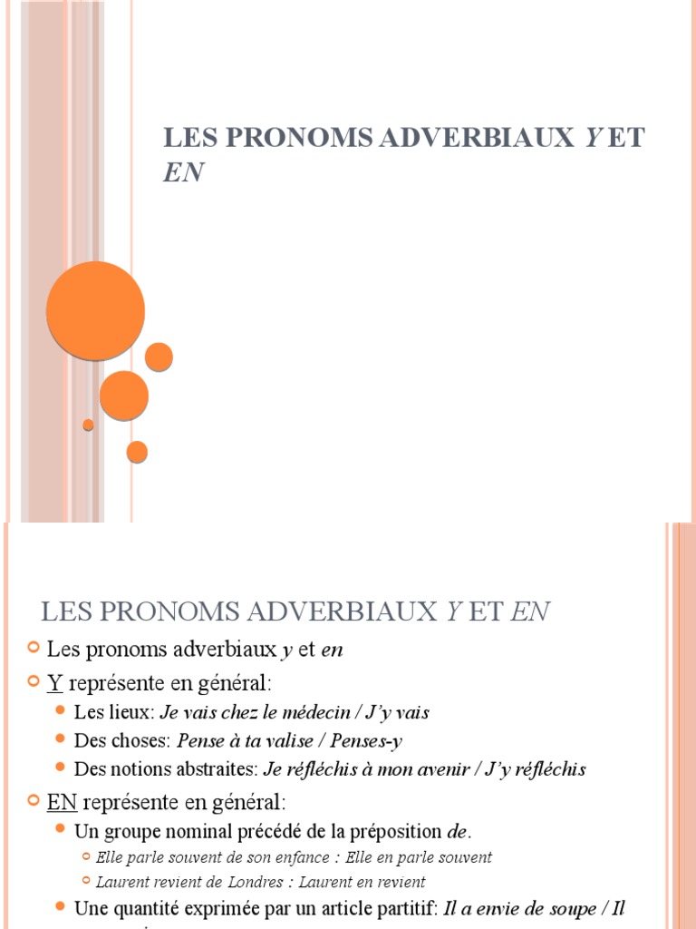 Les Pronoms Adverbiaux y Et en - Resumen | PDF | Pronom | Sémantique