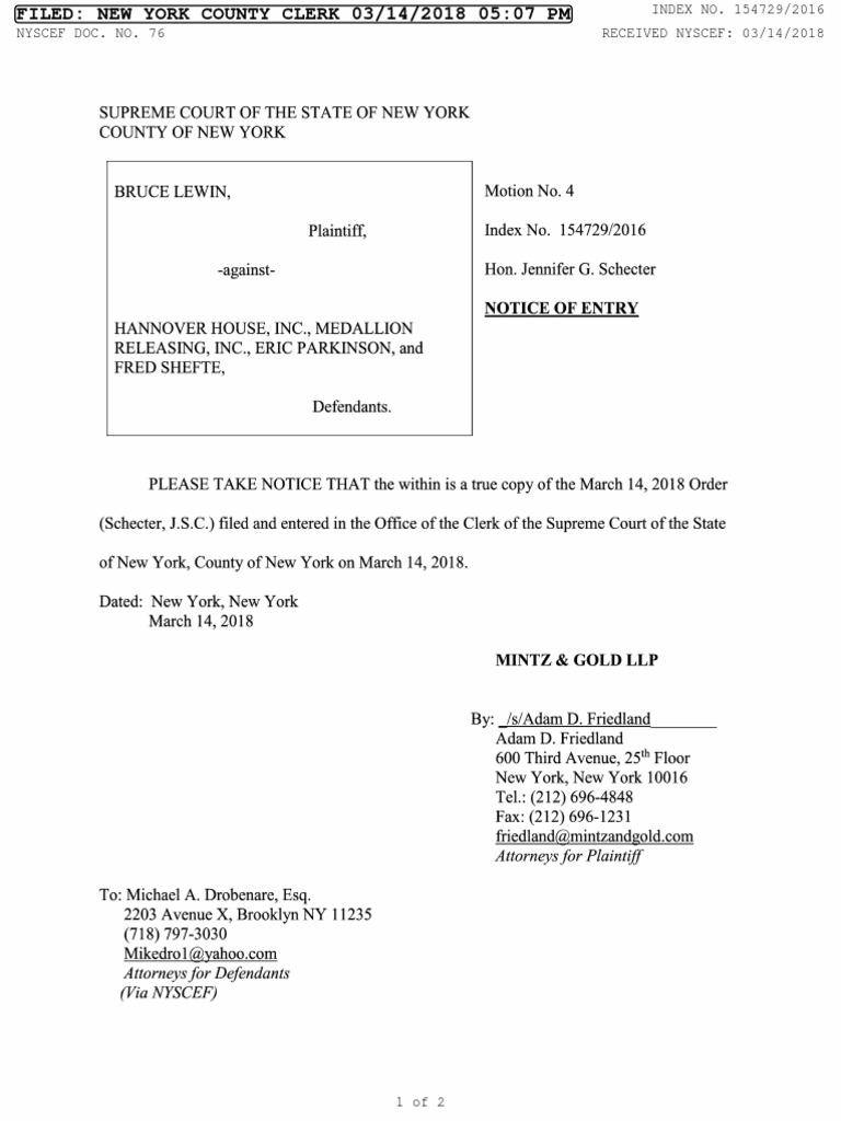2016 Bruce Lewin V Hannover House Inc Et Al NOTICE of ENTRY 76 | PDF