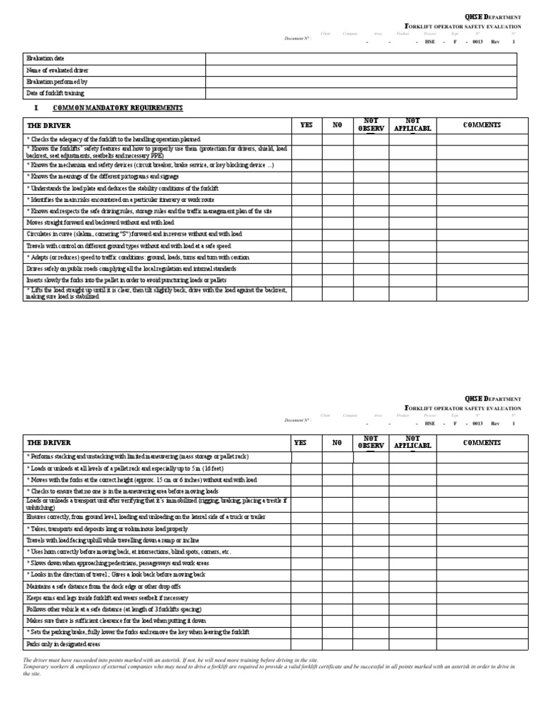 Forklift Operator Safety Evaluation Form | PDF | Forklift | Transport
