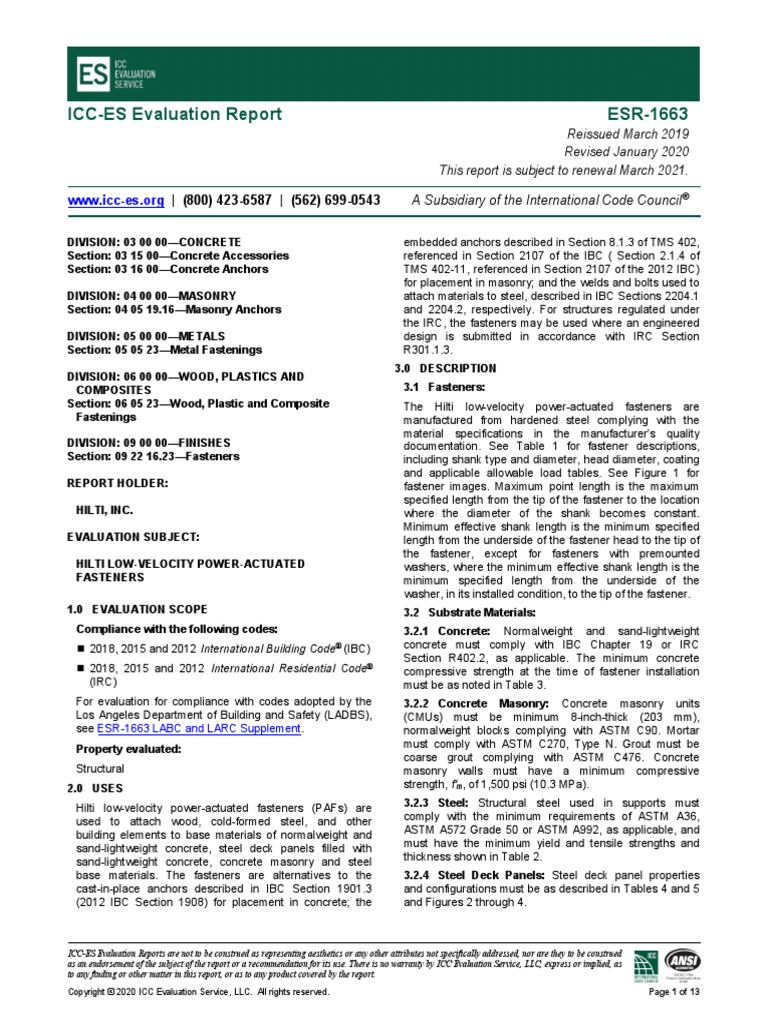 ICC-ES Evaluation Report ESR-1663 | PDF | Strength Of Materials | Masonry