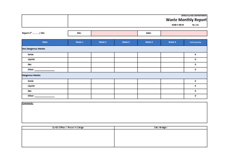Waste Monthly Report: Report N° .. / 201 Site: Date | PDF