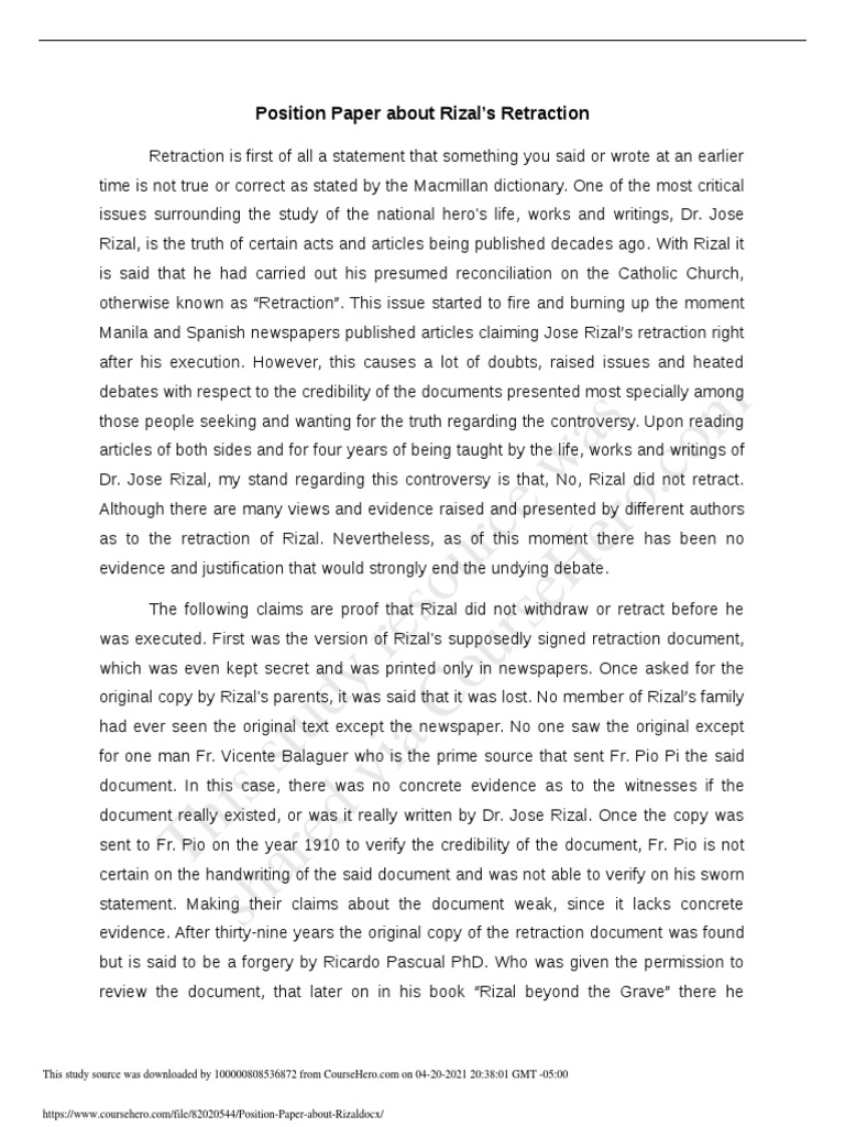 Position Paper About Rizal | PDF