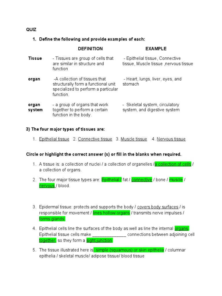 Cell Types Tissues Quiz Alarte | PDF | Epithelium | Tissue (Biology)