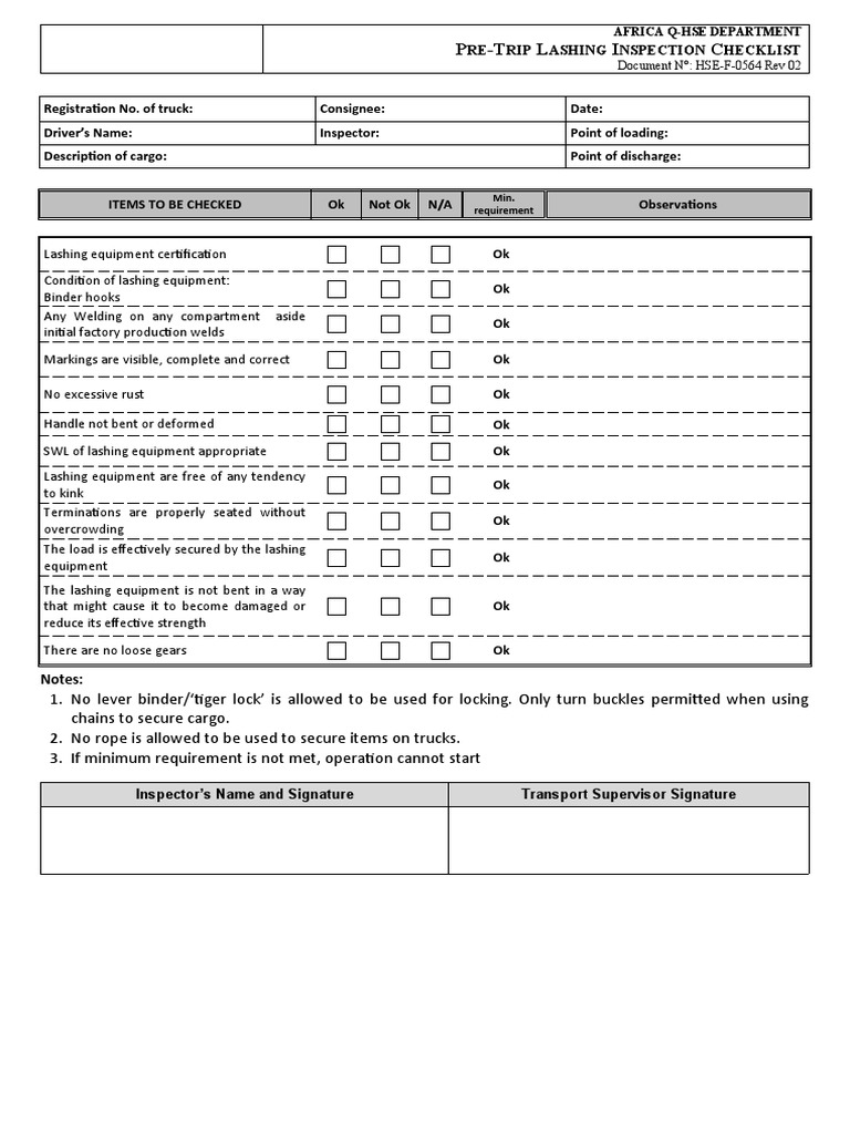 Pre-Trip Lashing Inspection Checklist | PDF | Manufactured Goods ...