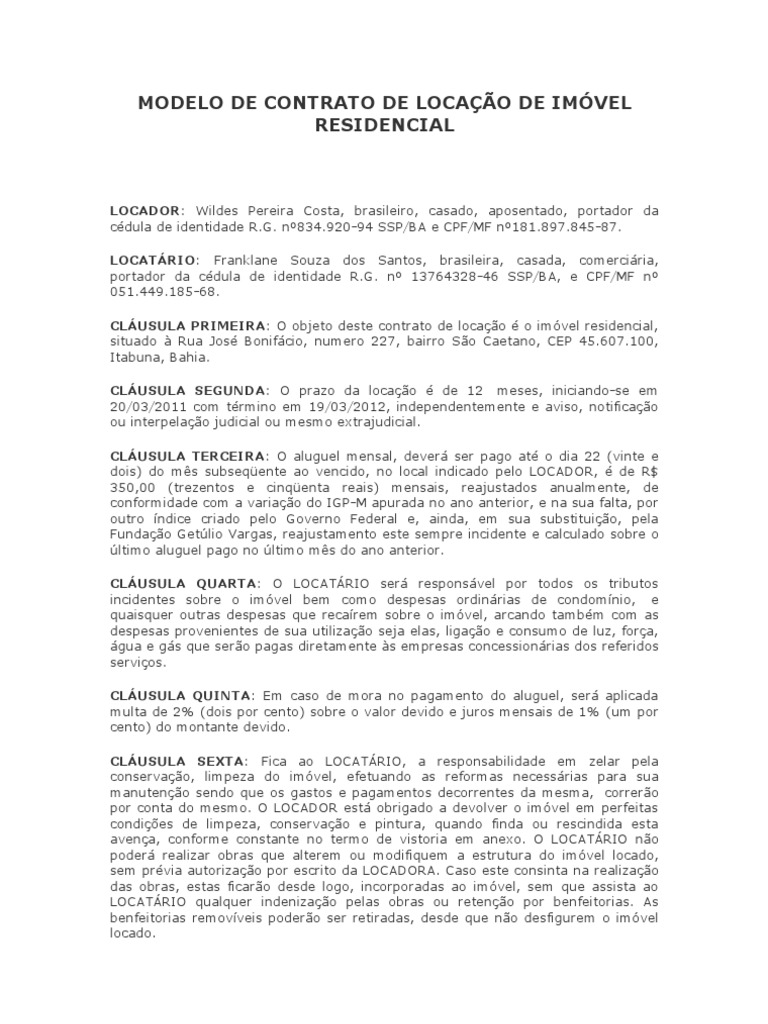 Modelo De Contrato Locação Imóvel