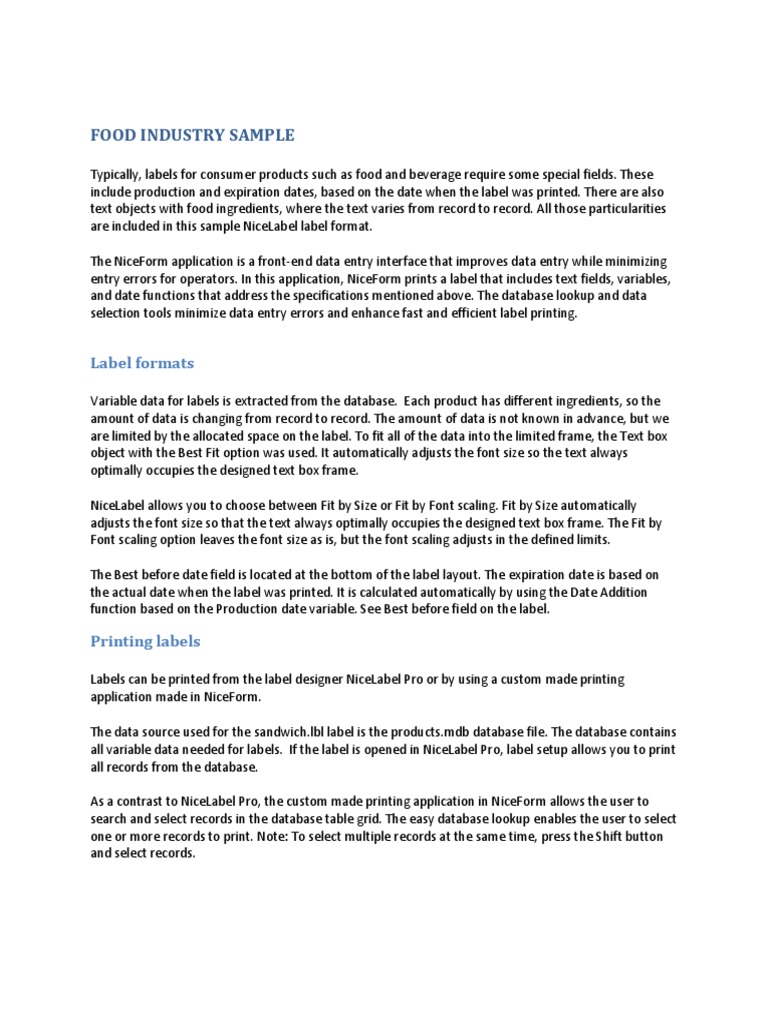 Food Industry Sample: Label Formats | PDF | Databases | Page Layout