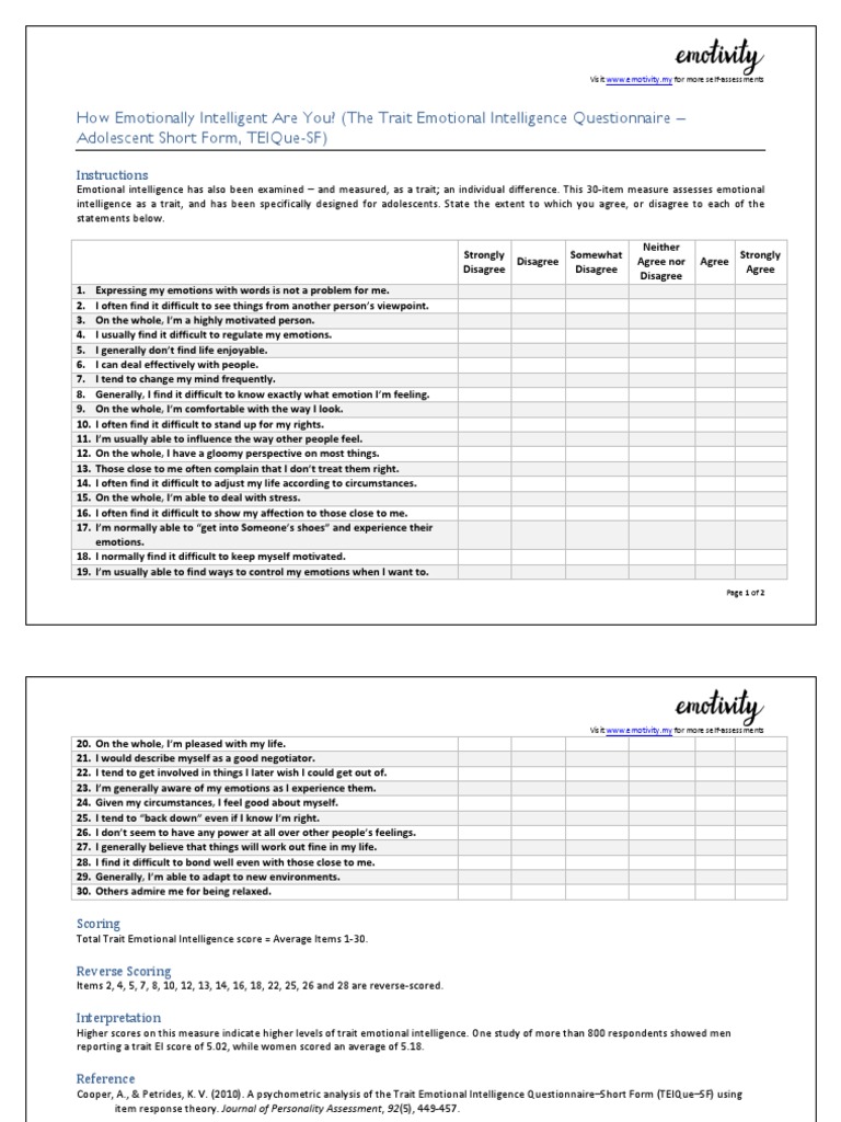 TEIQue-SF: Adolescent Emotional Intelligence | PDF | Emotional ...