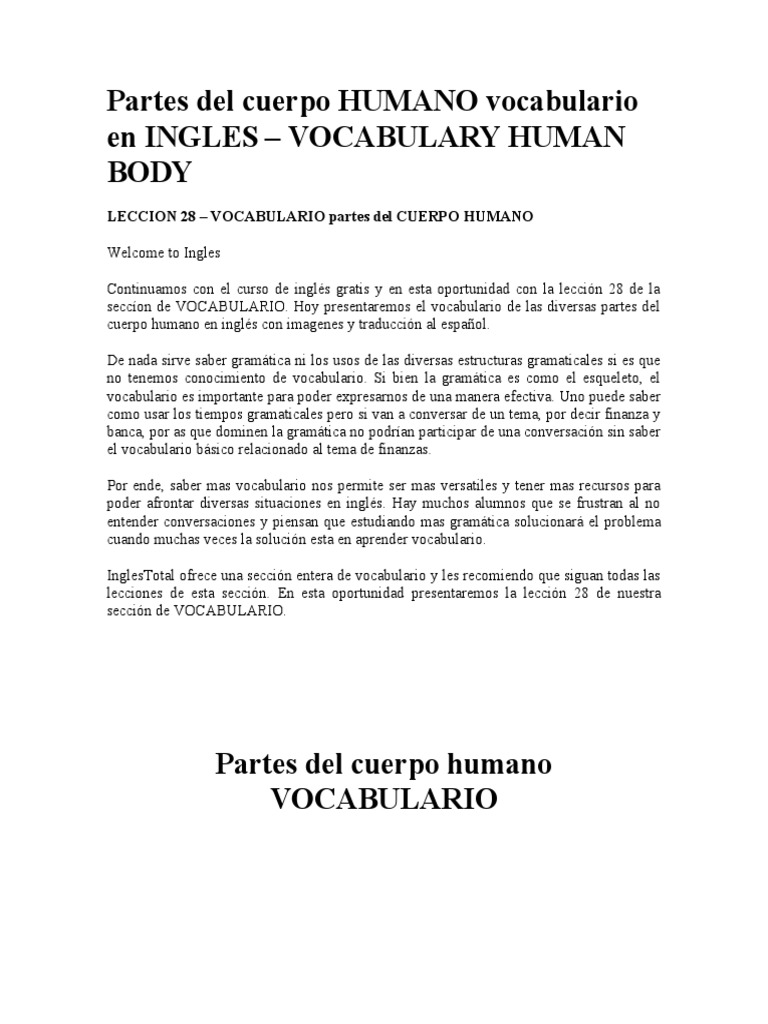 Partes Del Cuerpo HUMANO Vocabulario en INGLES | PDF | Extremidades ...