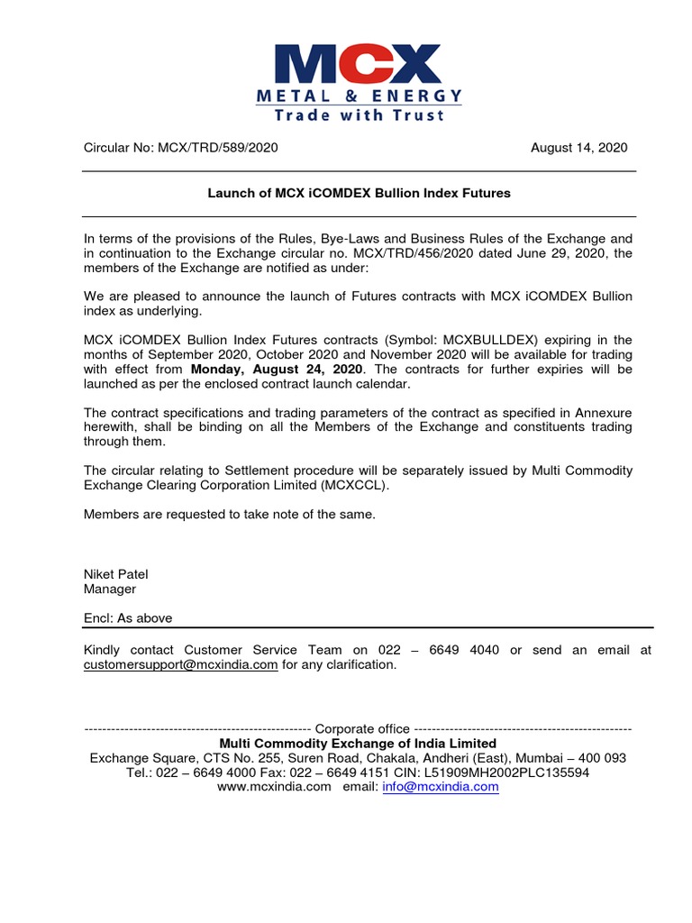 Launch of MCX iCOMDEX Bullion Index Futures | PDF | Futures Contract ...