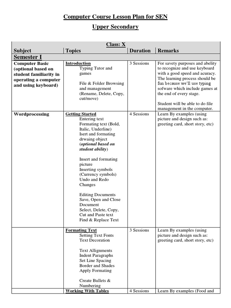 Computer Course Lesson Plan For SEN Upper Secondary: Class: X Subject ...