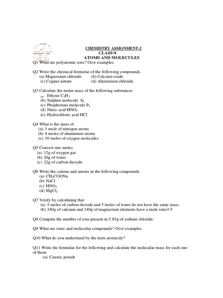 CBSE Class 9 Chemistry Worksheet - Atoms and Molecules