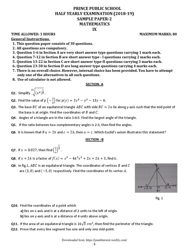 Prince Public School Half Yearly Examination (2018-19) Sample Paper-2 ...