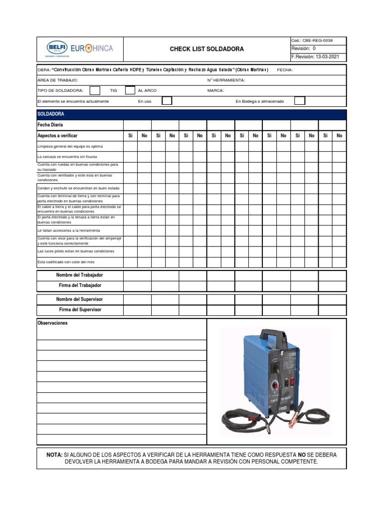 CBE-REG-0038 Rev.0 - Check List Soldadora | PDF
