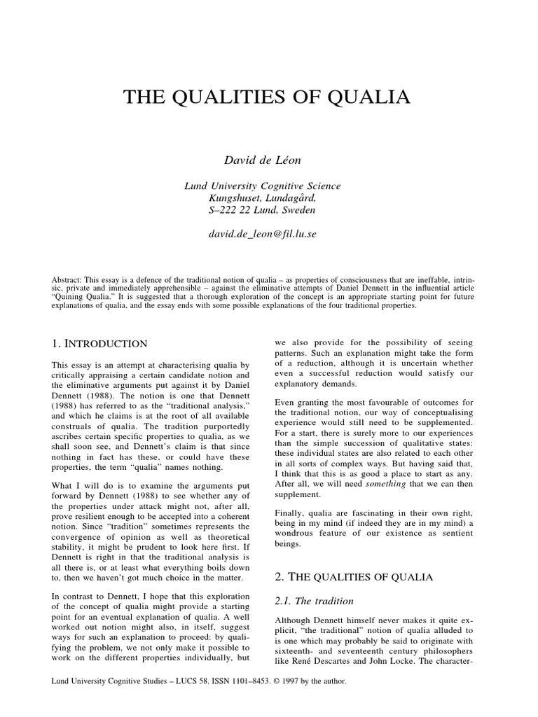 The Qualities of Qualia: David de Léon | PDF | Qualia | Consciousness