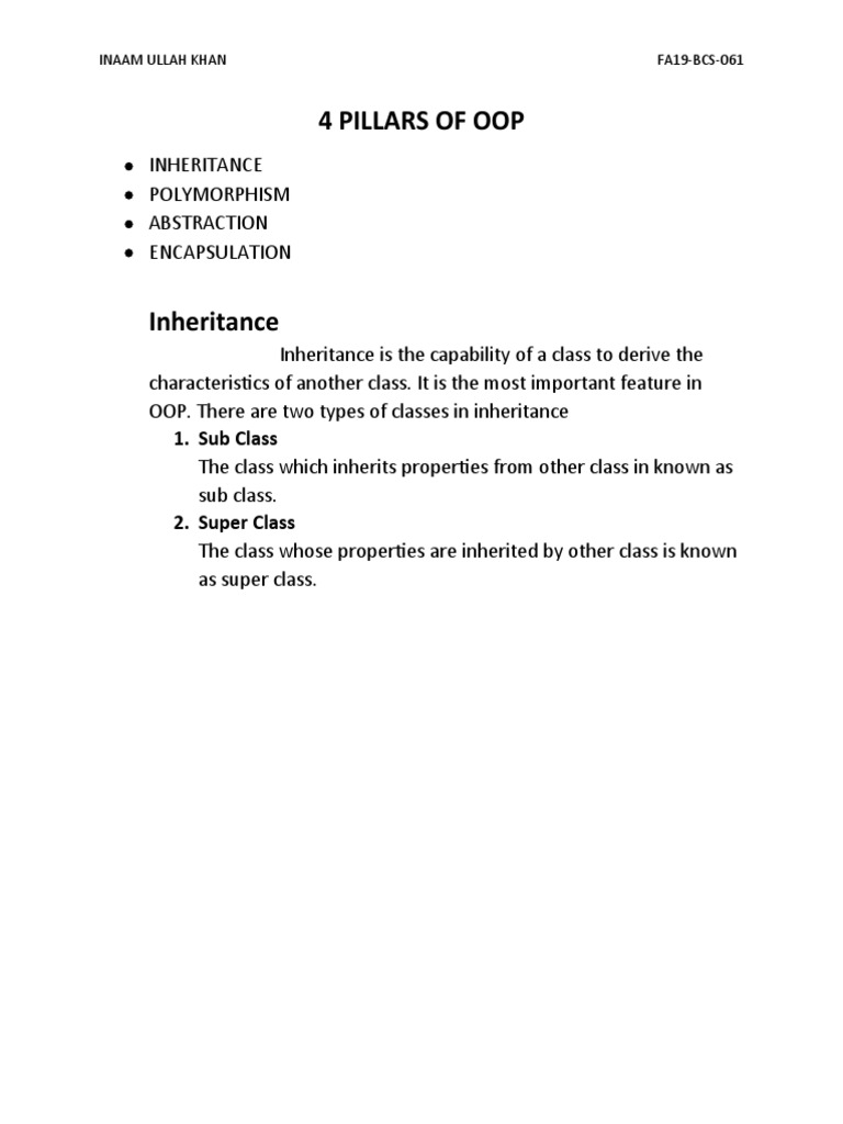 4 Pillars of Oop: 1. Sub Class | PDF