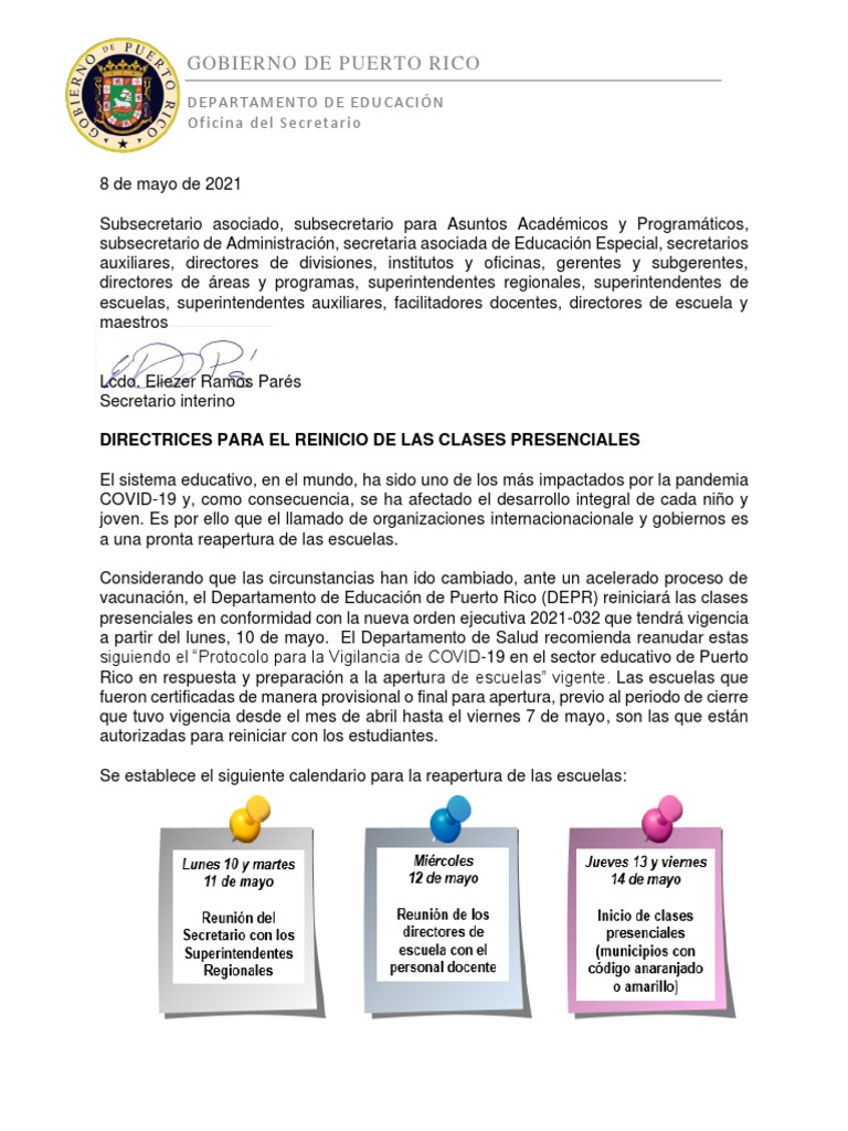 Directrices para El Reinicio de Las Clases Presenciales 2 | PDF | Sexo ...