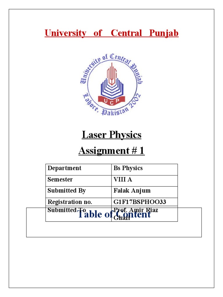 University of Central Punjab: Laser Physics Assignment # 1 | PDF ...