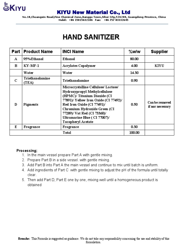 Hand Sanitizer Formula | PDF | Chemical Substances | Physical Sciences