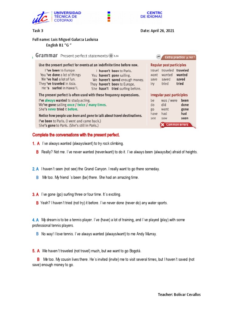 Unit 2 Task 3 Grammar - Present Perfect Statements | PDF