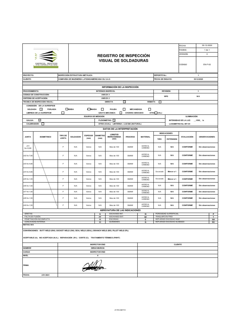 Registro Inspección Visual de Soldaduras Estructura | PDF | Metales de ...