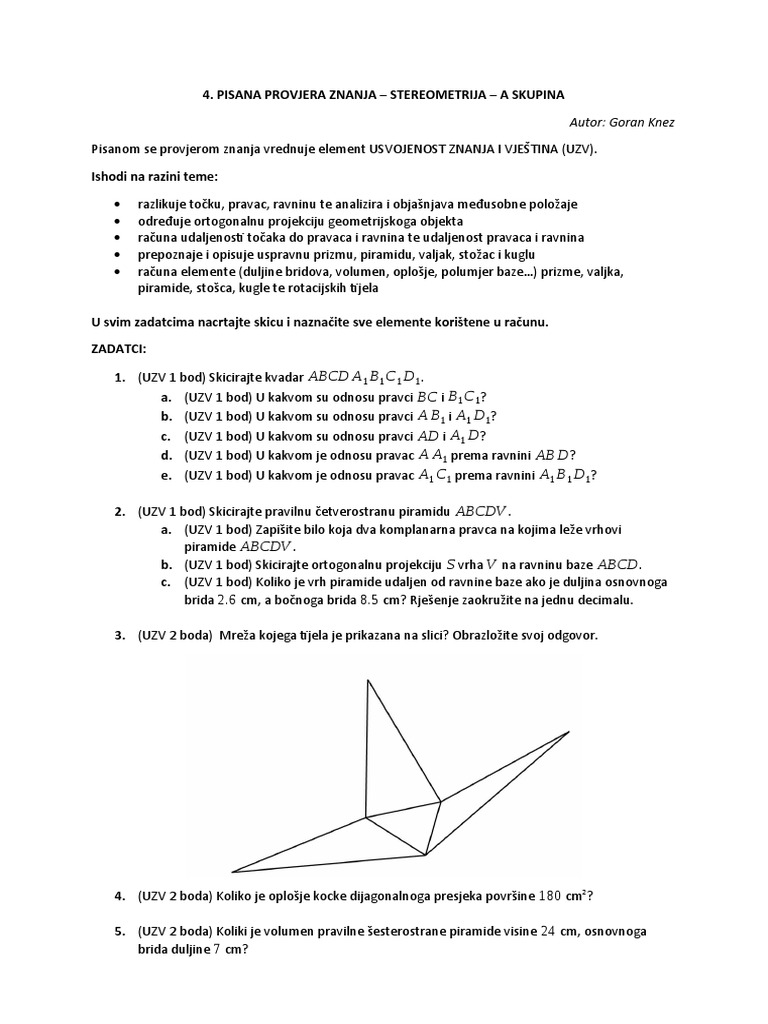 PISANA PROVJERA ZNANJA - STEREOMETRIJA - 1.inačica - 2 Skupine | PDF