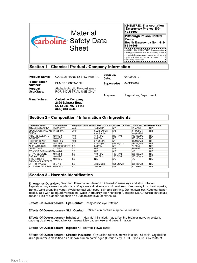 Carbothane 134 HG MSDS Part A | PDF | Physical Sciences | Materials