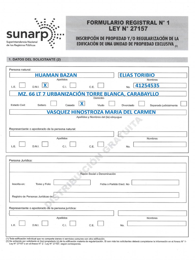 Caso 1 Formulario Registral N1 Ley N 27157 | PDF