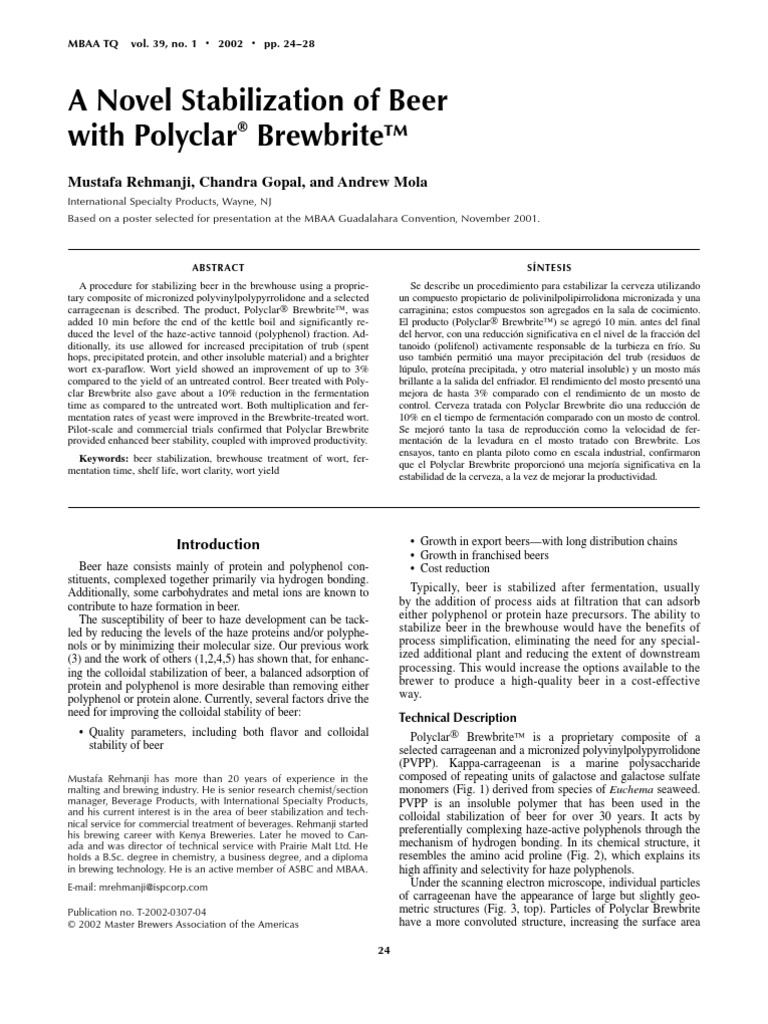 A Novel Stabilization of Beer With Polyclar Brewbrite | PDF ...