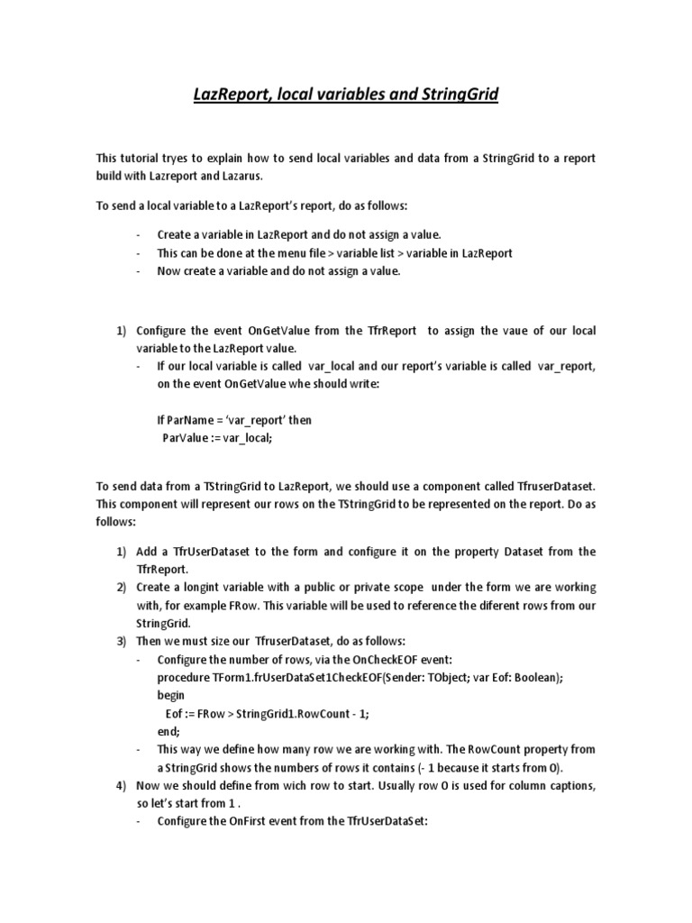 Tutorial LazReport and StringGrid | PDF | Variable (Computer Science) | Data