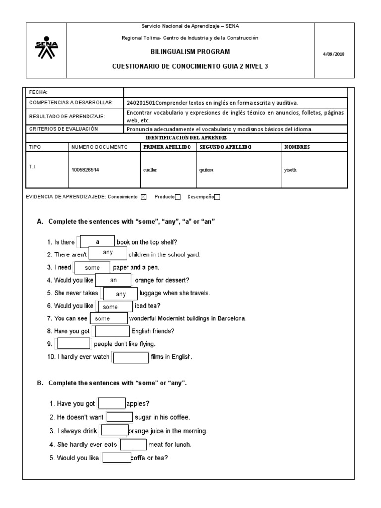 CUESTIONARIO A2 - Quantifiers | PDF | Idiomas | Educación avanzada