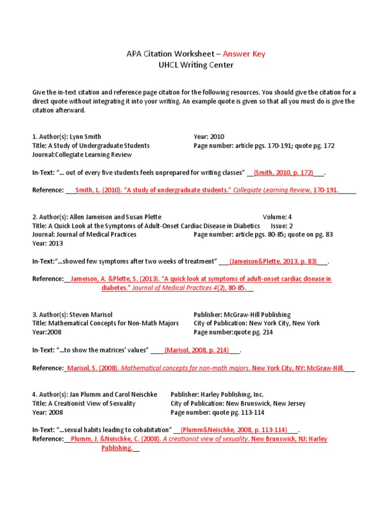 APA Citation Worksheet - UHCL Writing Center: Answer Key | PDF | Health ...