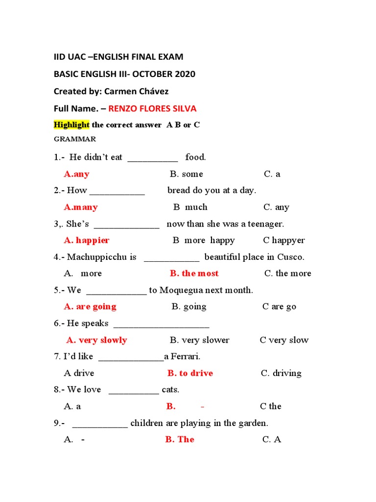 Basic English III - Final Exam | PDF