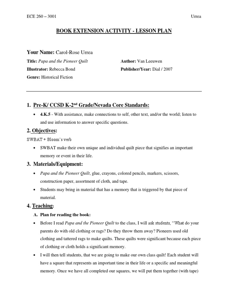 Book Extension Activity - Lesson Plan | PDF | Quilt | Clothing