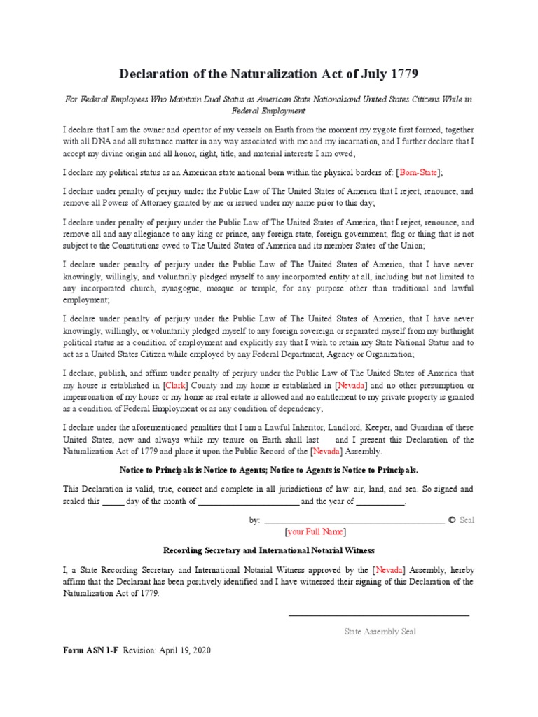 Form ASN 1-F - Declaration For American Federal | PDF | Law Of The ...