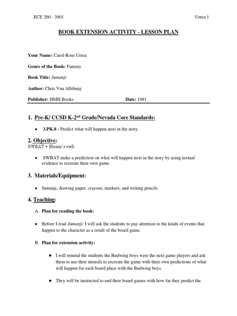 Jumanji Lesson Plan for Pre-K to 2nd | PDF