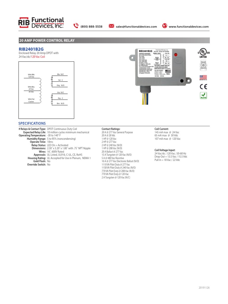 RIB2401B2G: 20 Amp Power Control Relay | PDF | Relay | Switch