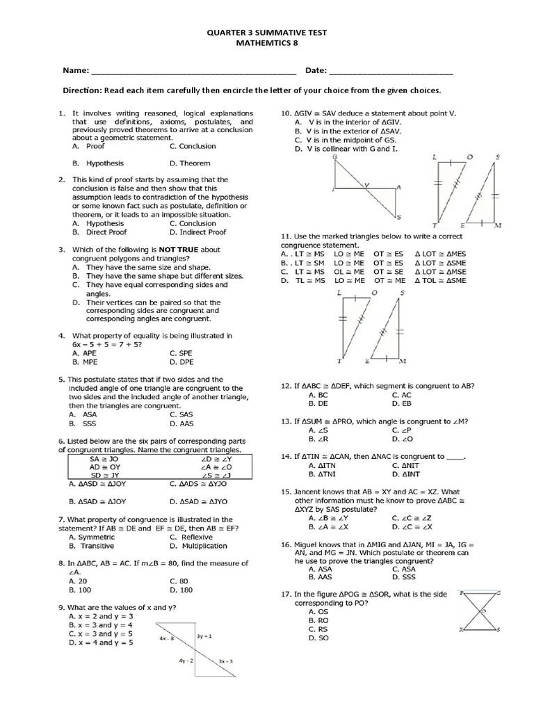 QUARTER 3 Summative Test (Math8) | PDF | Teaching Methods & Materials ...