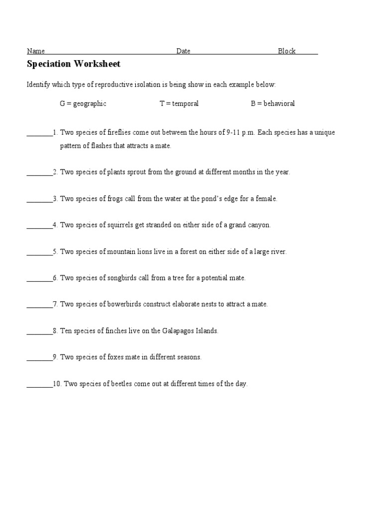 Speciation Worksheet | PDF