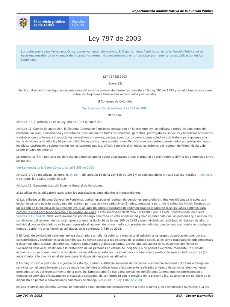 Ley 797 de 2003 | PDF | Pensión | Bienestar