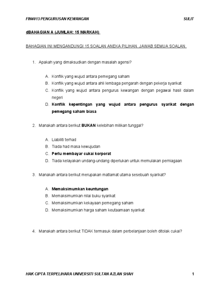 Soalan Pengurusan Kewangan Peperiksaan Akhir Jan 2021 | PDF