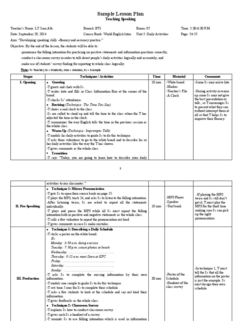 Sample Lesson Plan Teaching Speaking | PDF | Lesson Plan | Teachers