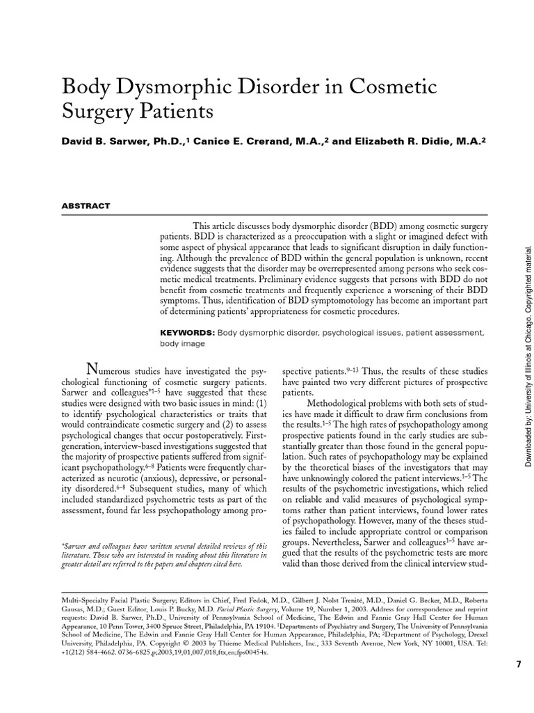 Body Dysmorphic Disorder in Cosmetic Surgery Patients | PDF | Mental ...