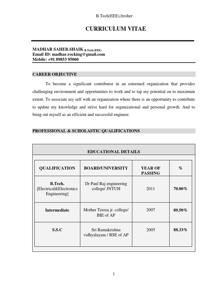 B.Tech EEE Fresher Resume Template | PDF | Electrical Engineering ...